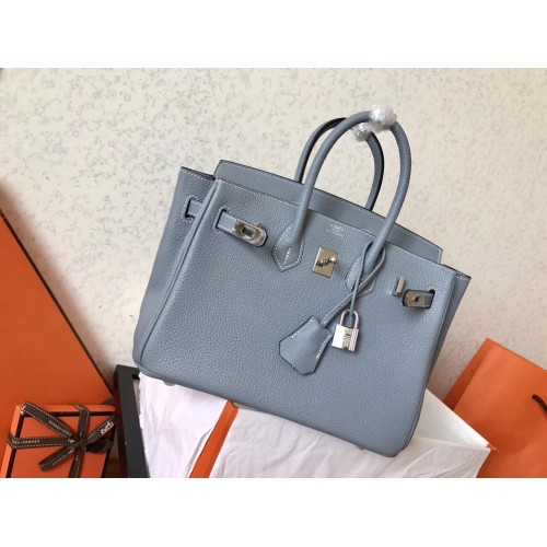 Hermes Blue Lin Clemence Birkin 25cm Handmade Bag